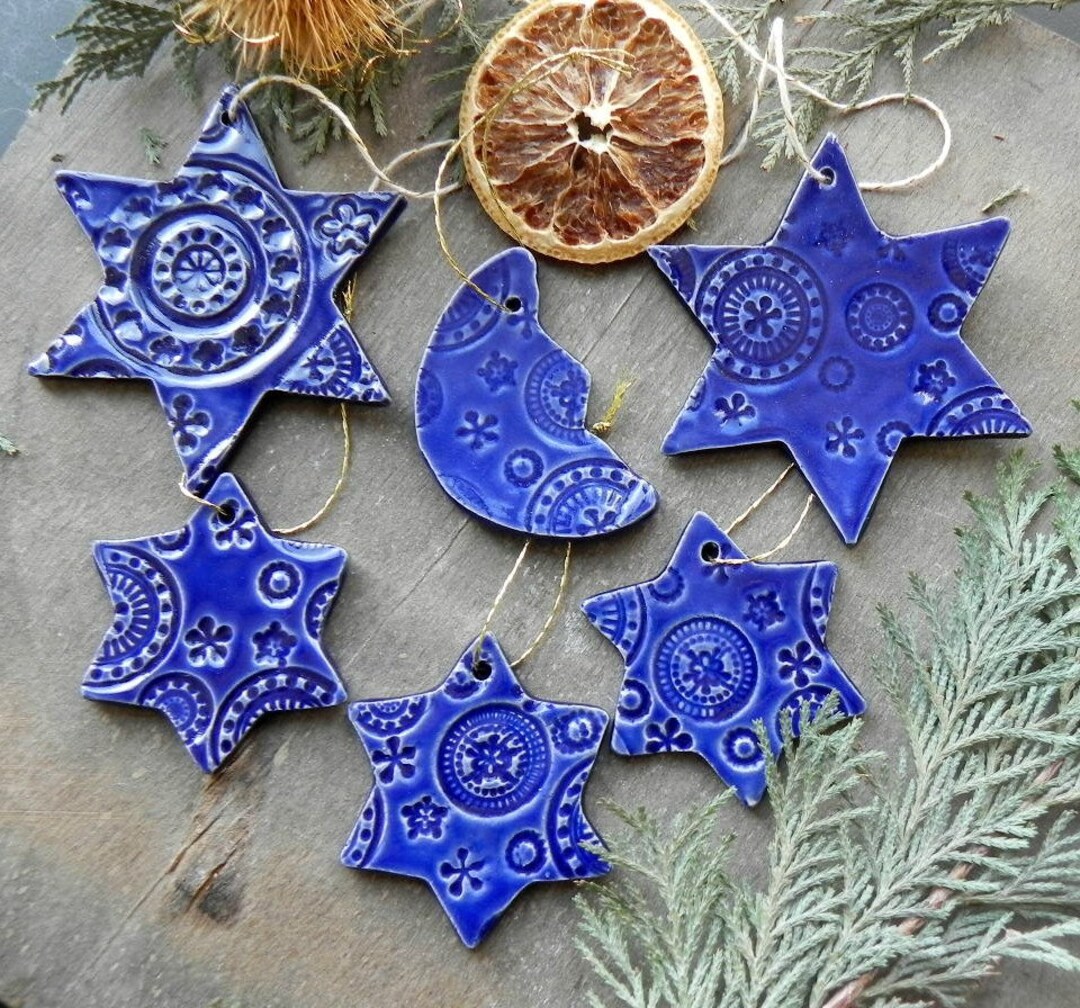 Celestial Christmas Ornaments, Ceramic Blue Star and Moon Lace ...
