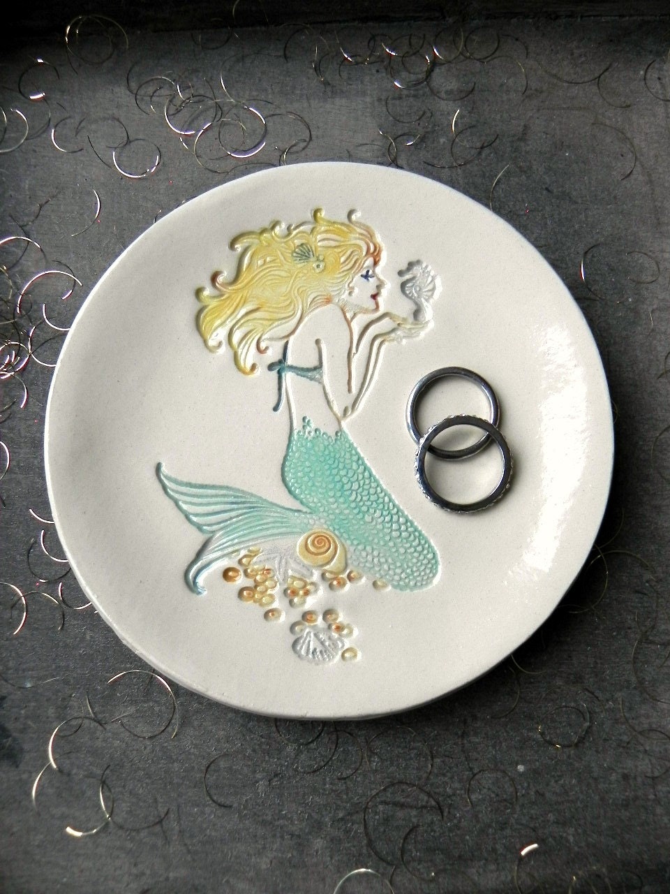 Mermaid Ceramic Plate Turquoise Lace Dessert Plate Ocean Serving Plate ...