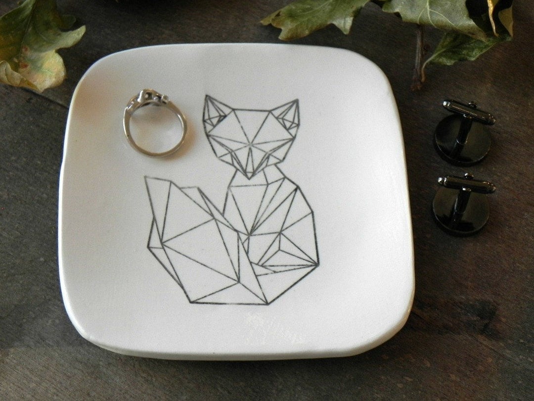 Geometric Fox Trinket Dish, Ceramic Plate, Black and White Pottery ...
