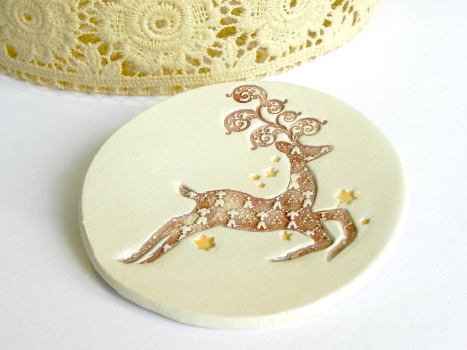 Rudolph Plate Ceramic Ring Dish Holliday Decor Lace Pottery - Etsy