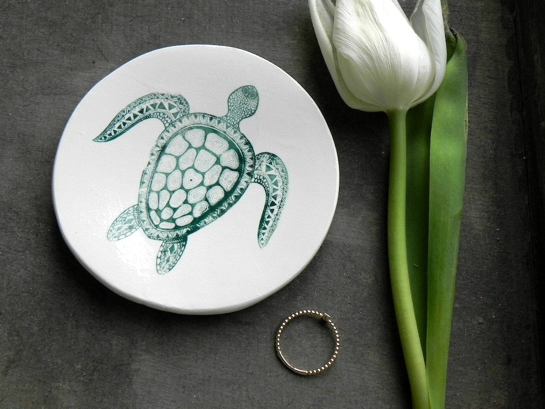 Turtle Porcelain Ring Dish, Green White Ceramic Plate, Nature Inspired ...