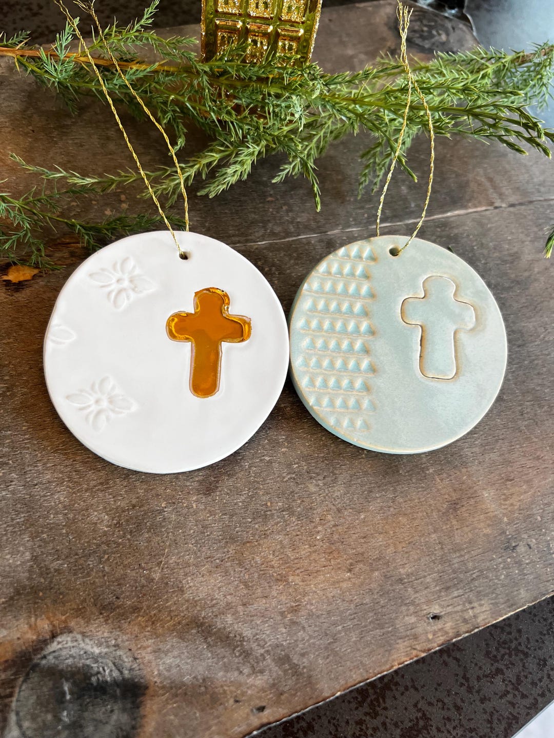 Gold Cross Christmas Tree Ornaments, White and Sea Most Ceramic ...