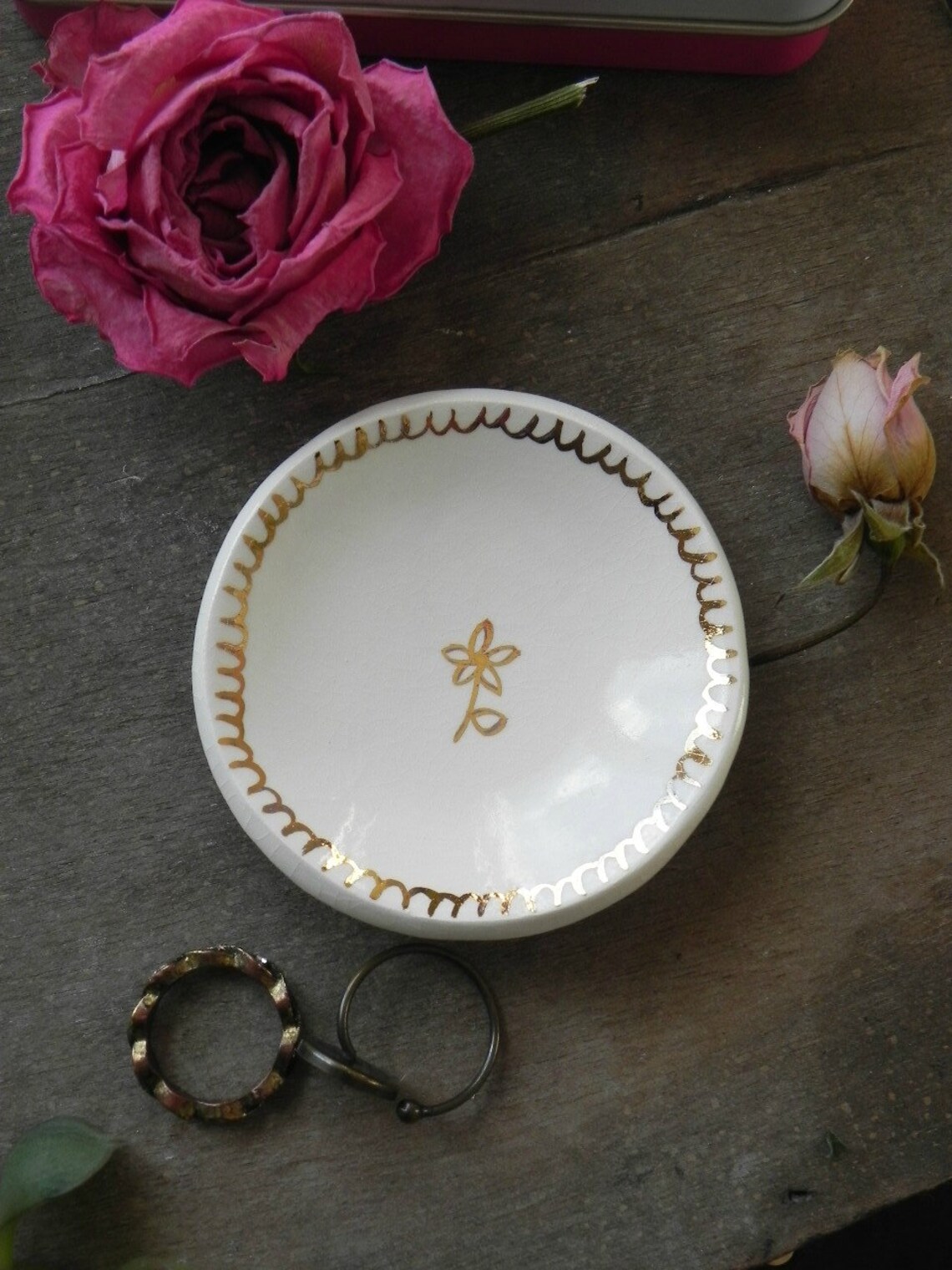 Gold Flower Porcelain Ring Dis, Real Gold Decorated Round Inspirational ...