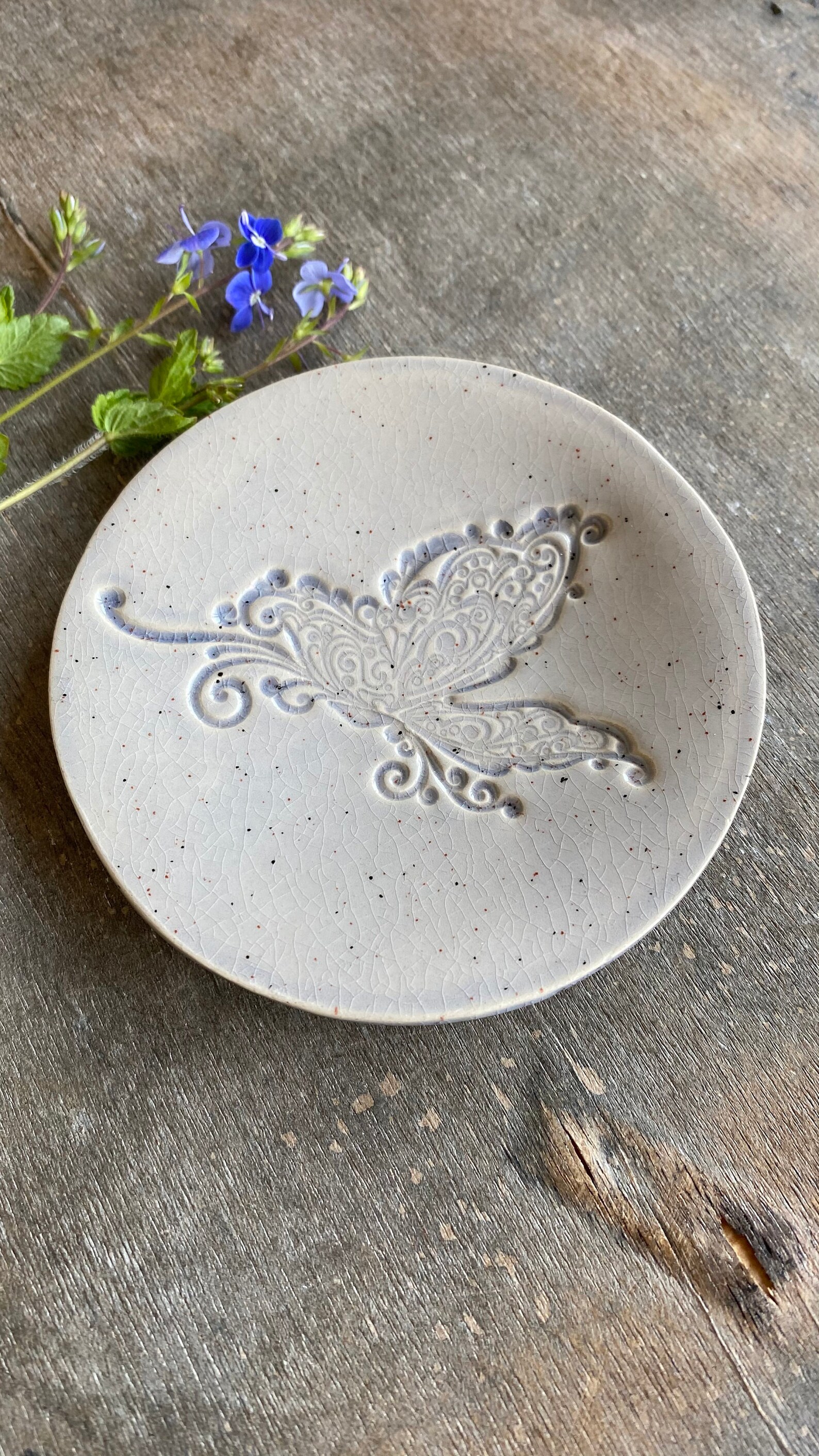 Flying Butterfly Ceramic Plate Blue Dots Pottery Dish Ring Holder - Etsy