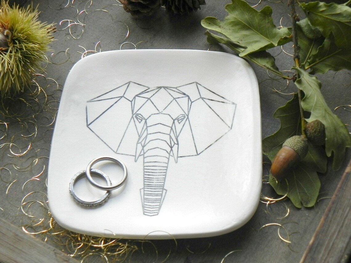 Geometric Elephant Trinket Dish, Wildlife Kingdom, Ceramic Plate Grey ...
