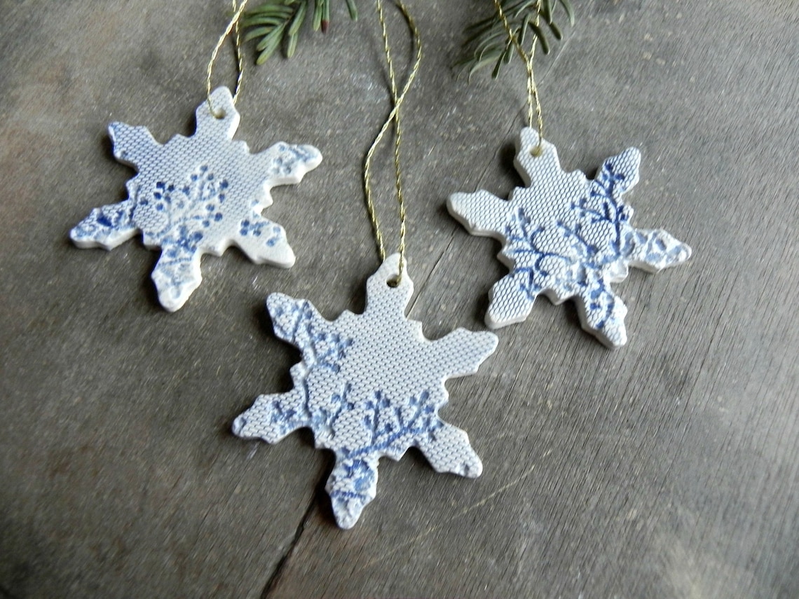 Snowflake Pottery Ornaments Lace Decoration White Blue Ceramic - Etsy
