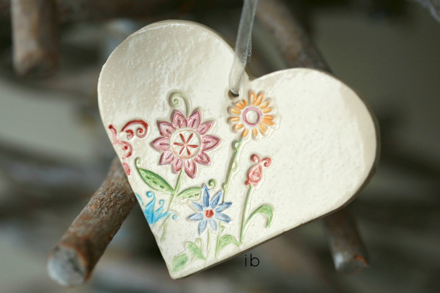 Set of 2 Valentine Heart, Ceramic Flower Ornaments, Colorful Pottery ...