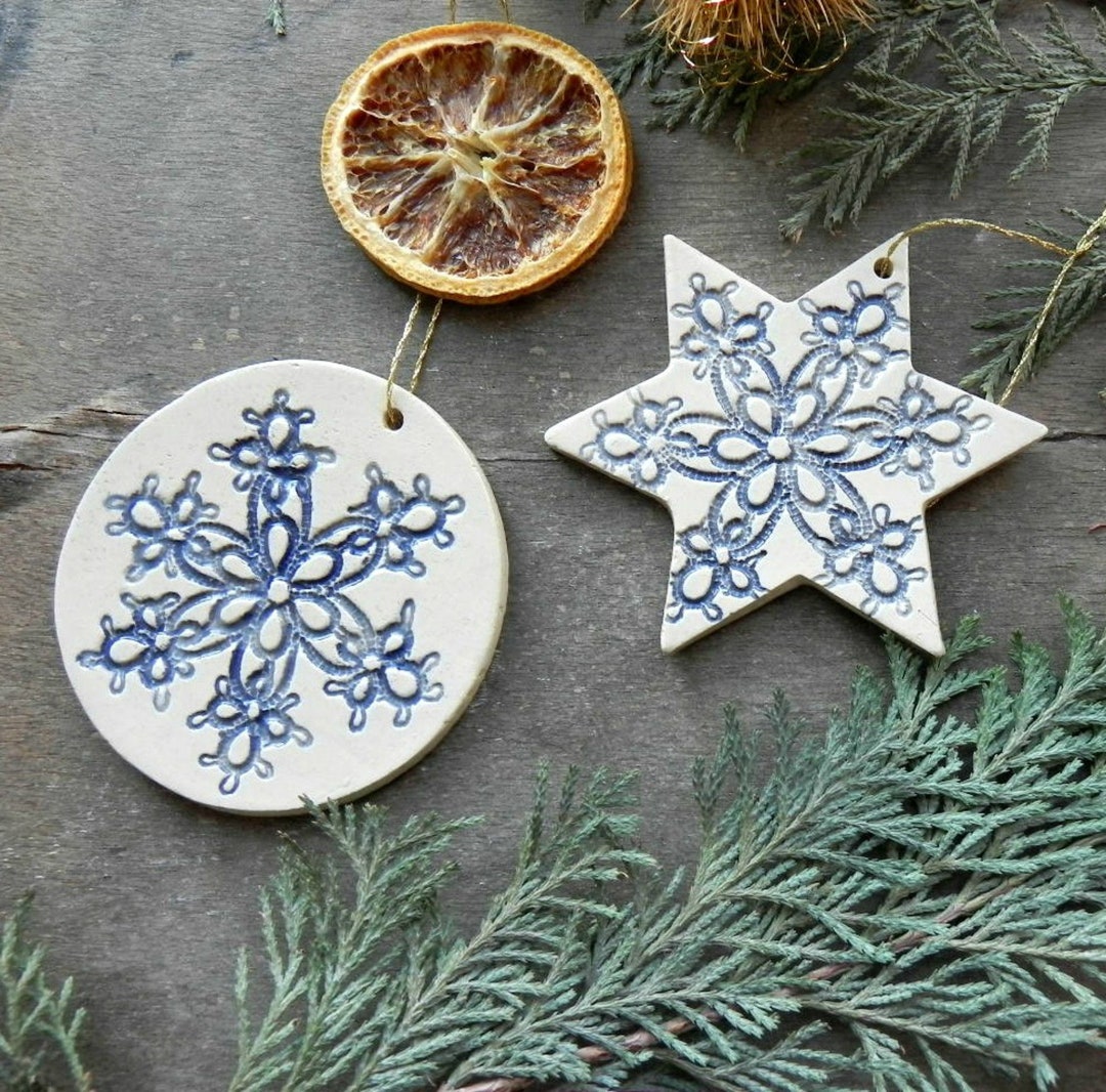 Celestial Christmas Ornaments, a Pair of Blue Lace Star and Circle ...