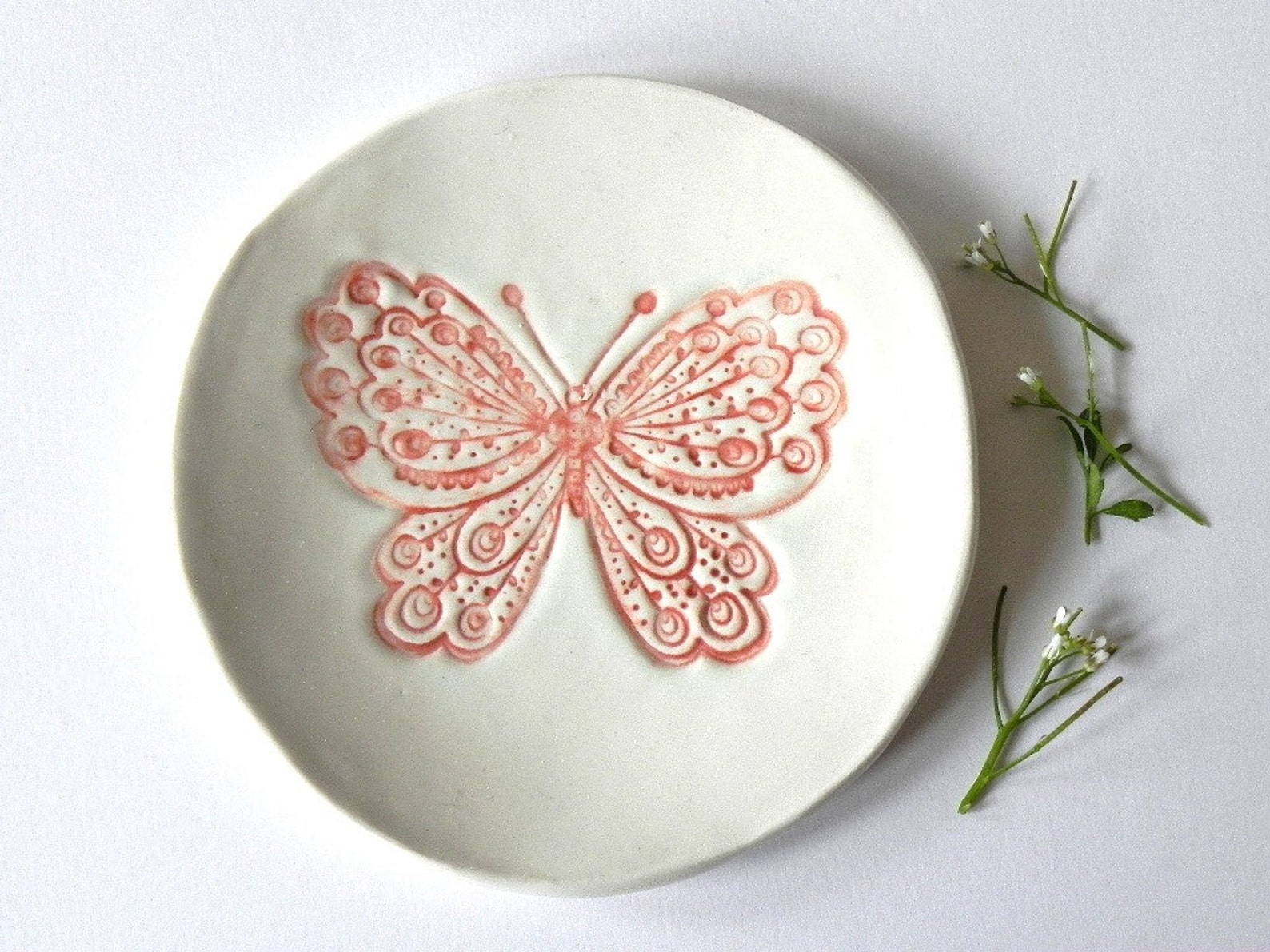 Rustic Butterfly Ceramic Plate White Dish with Red Butterfly | Etsy