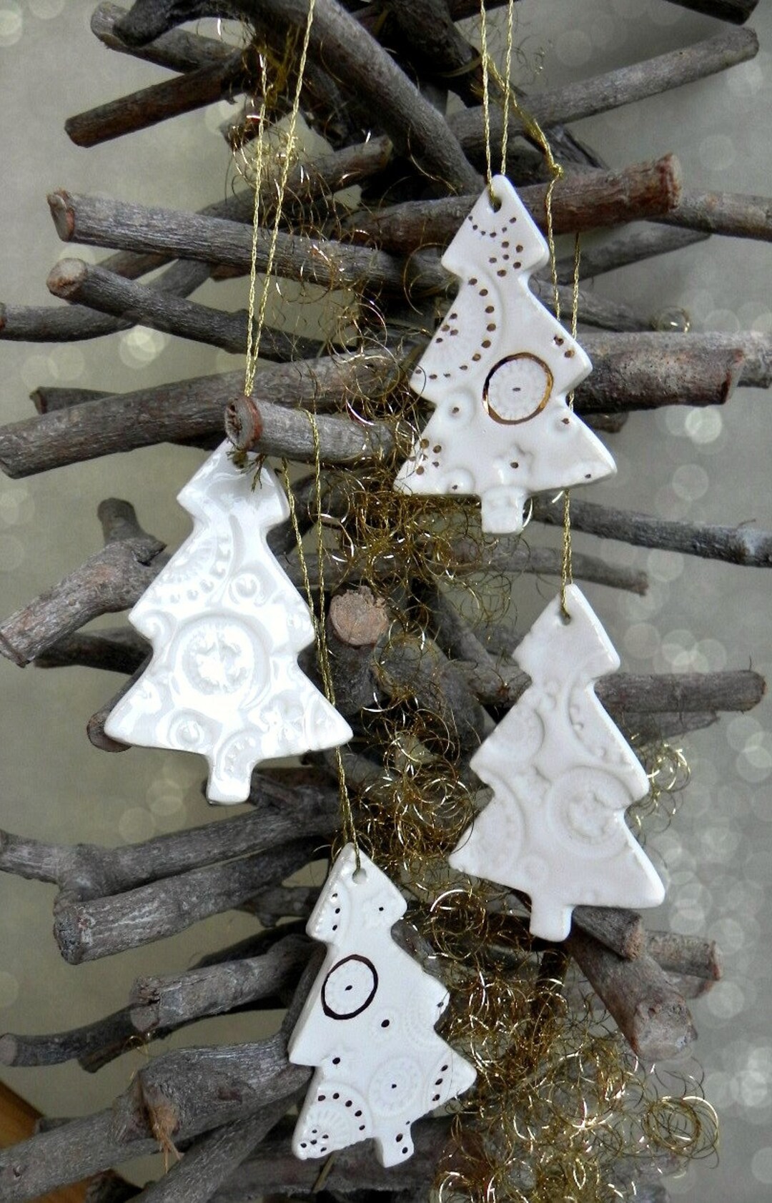 White Gold Ceramic Christmas Tree Ornaments Lace Pottery Gold Luxury ...