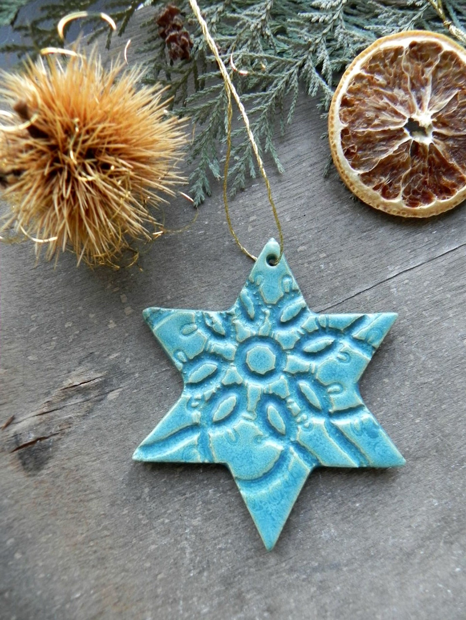 Christmas Stars, 3 Lace Celestial Ornaments, Blue Pottery Gift, Gifts ...
