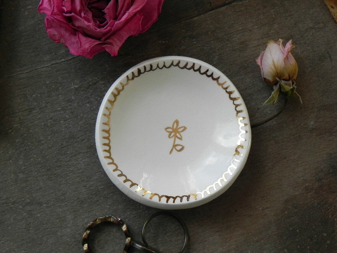 Gold Flower Porcelain Ring Dis, Real Gold Decorated Round Inspirational ...