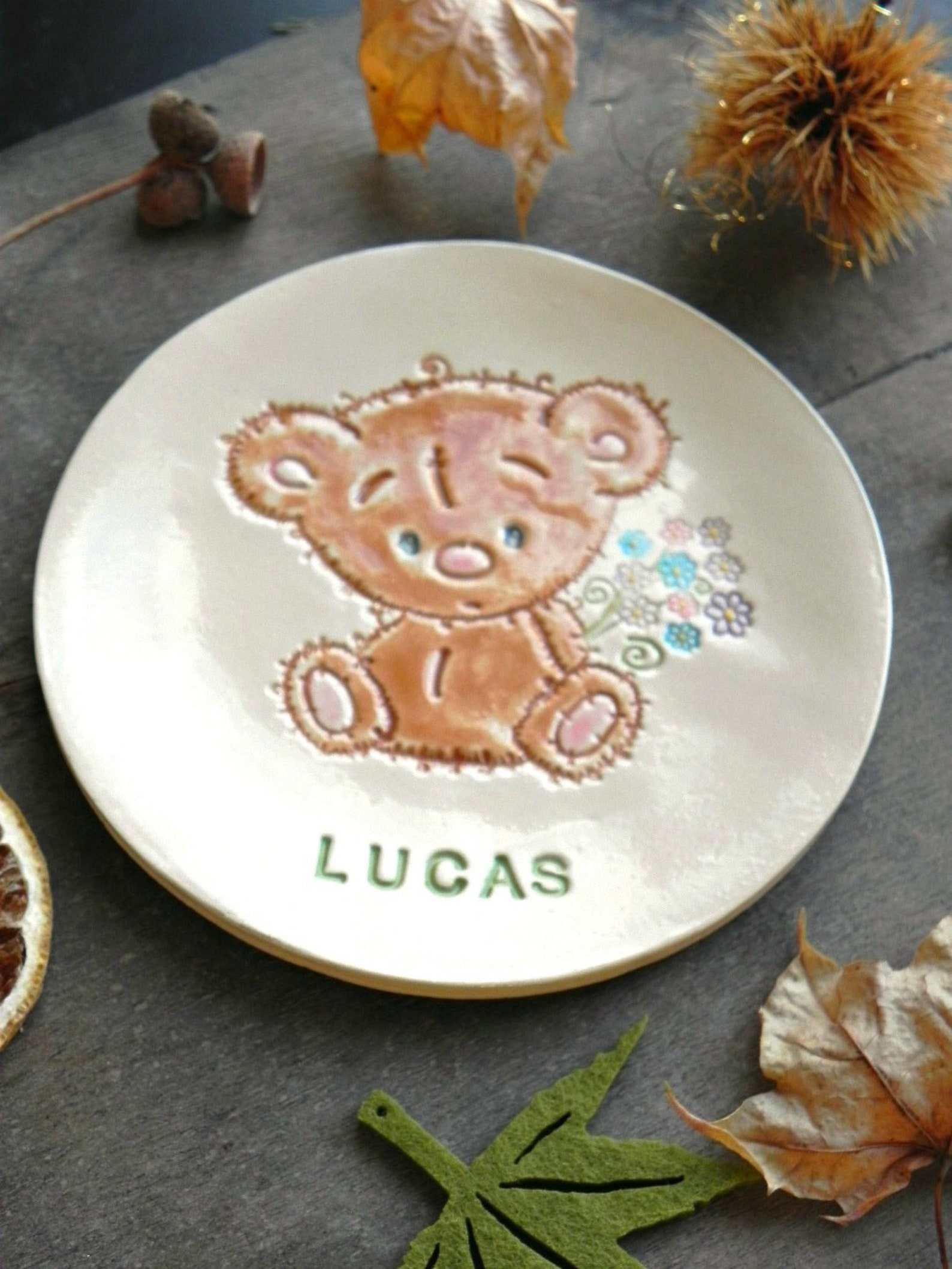 Personalized Teddy Bear Ceramic Plate, Baby Birth Keepsake, Little Bear ...