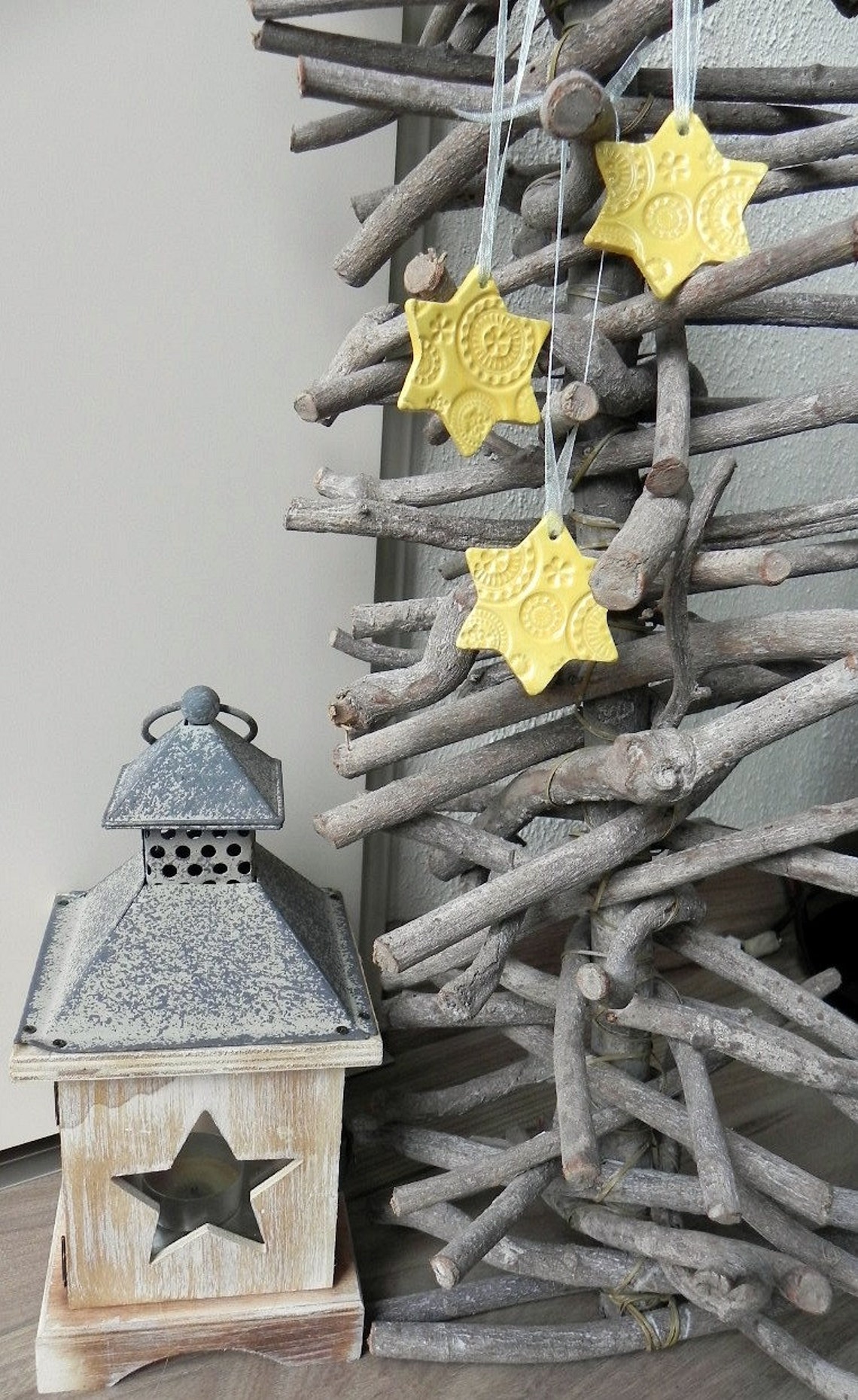Ceramic Christmas Ornaments, Celestial Holiday Decor, Yellow Star Lace ...