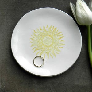 Sun Mandala White Porcelain Ring Dish, Yellow Sun Ceramic Plate Jewelry ...