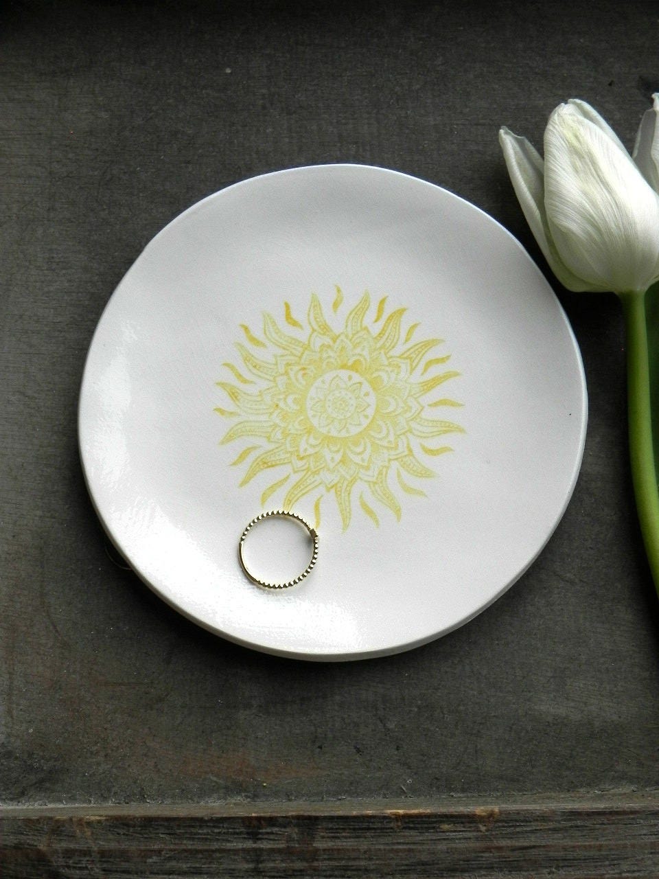 Sun Mandala White Porcelain Ring Dish Yellow Sun Ceramic - Etsy
