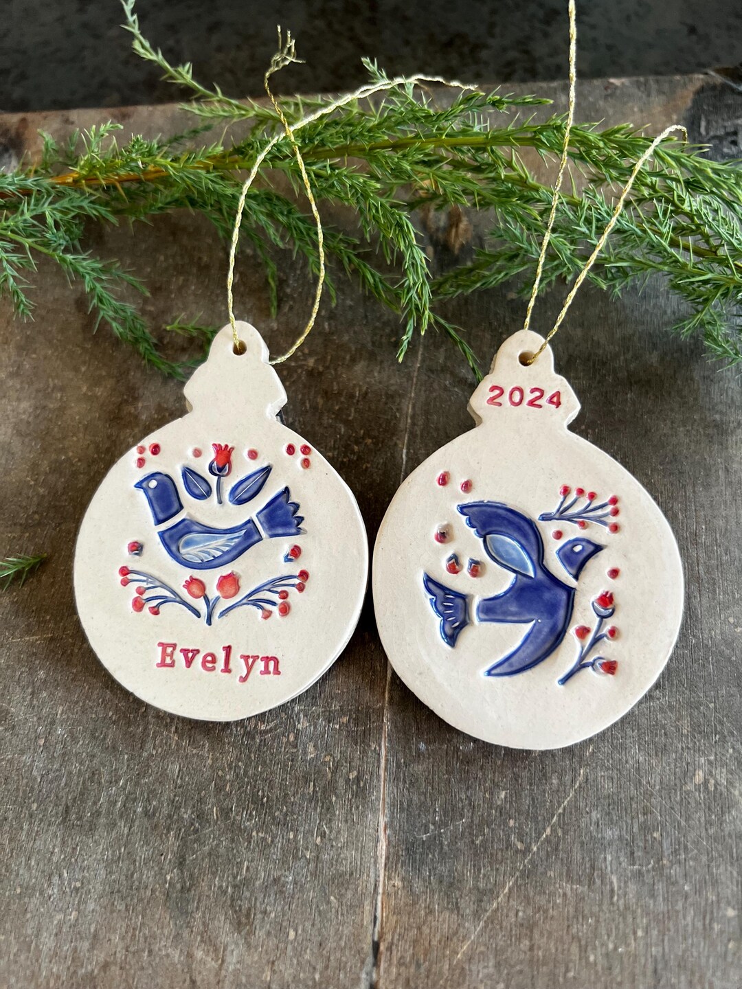 Personalized Retro Blue Bird Christmas Tree Ornaments, Bird and Flowers ...