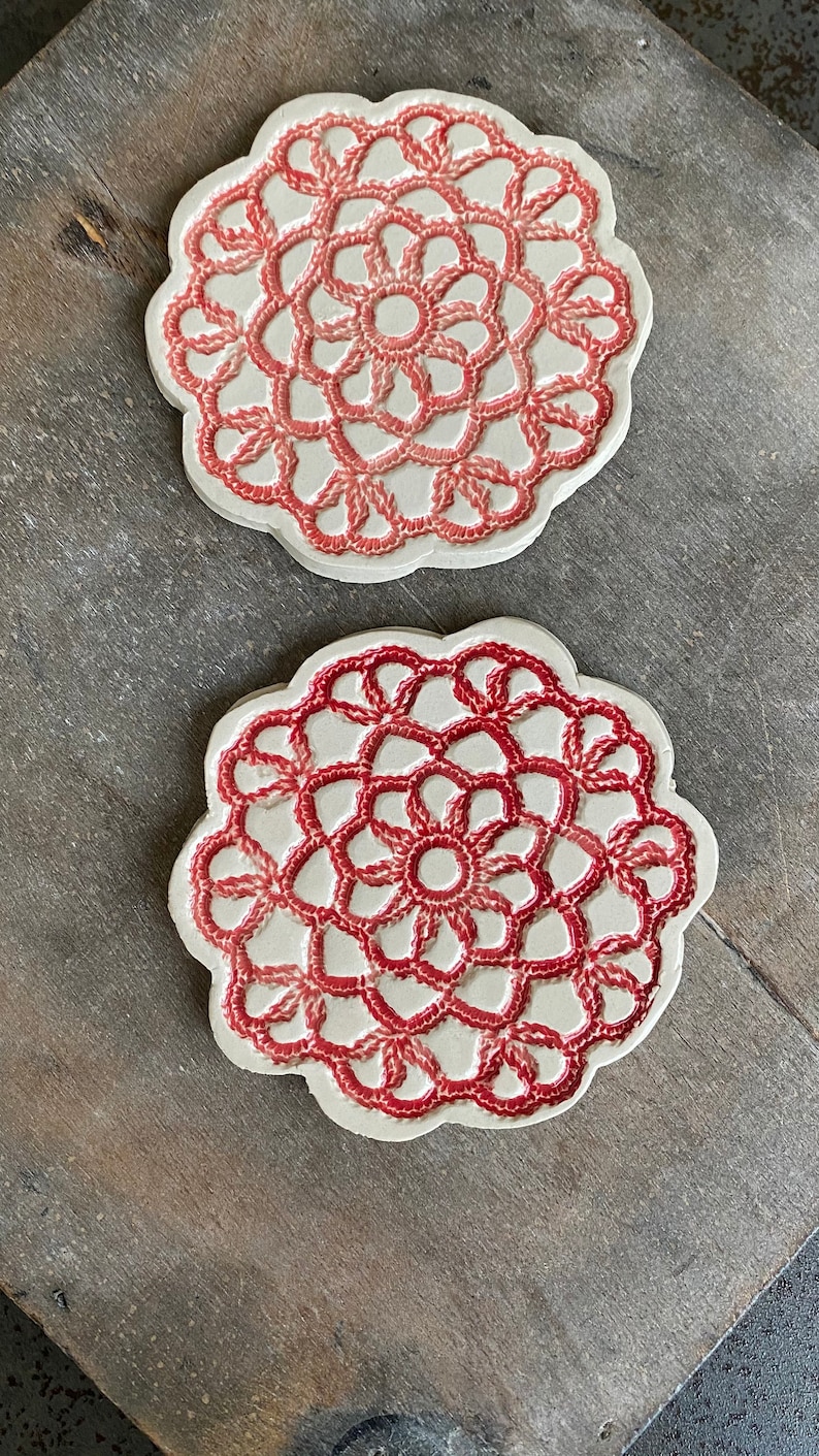 Lace Red Ceramic Coasters Set of 2 | Etsy
