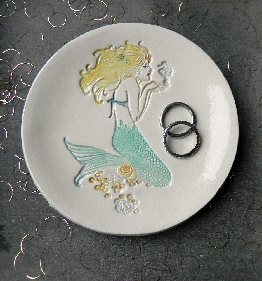 Mermaid Ceramic Plate Turquoise Lace Dessert Plate Ocean Serving Plate ...