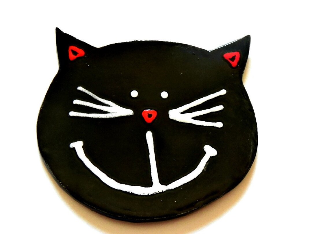 Black Cat Ceramic Plate, Pet Paradise, Smily Face Pottery Dish, Black ...