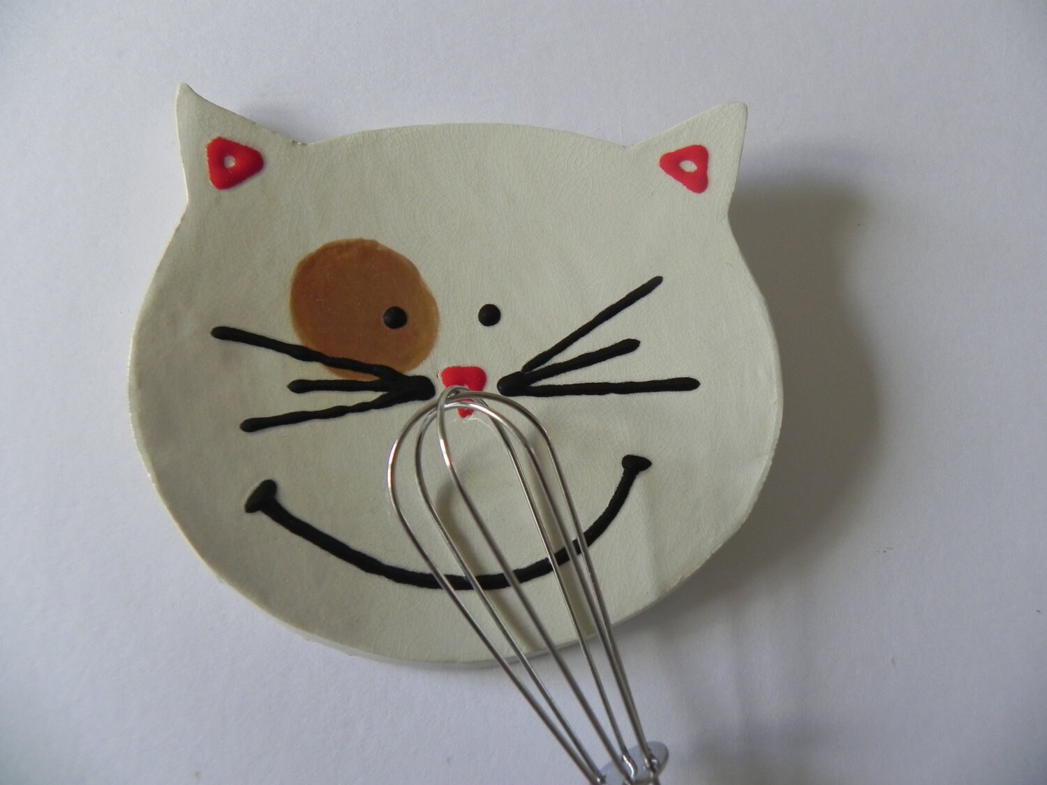 White Friendly Cat Dish Smiley Face Ceramic Plate Spoon Rest - Etsy
