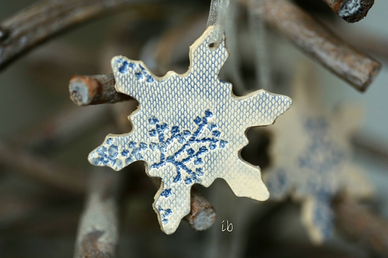 Snowflake Pottery Ornaments Lace Decoration White Blue Ceramic - Etsy