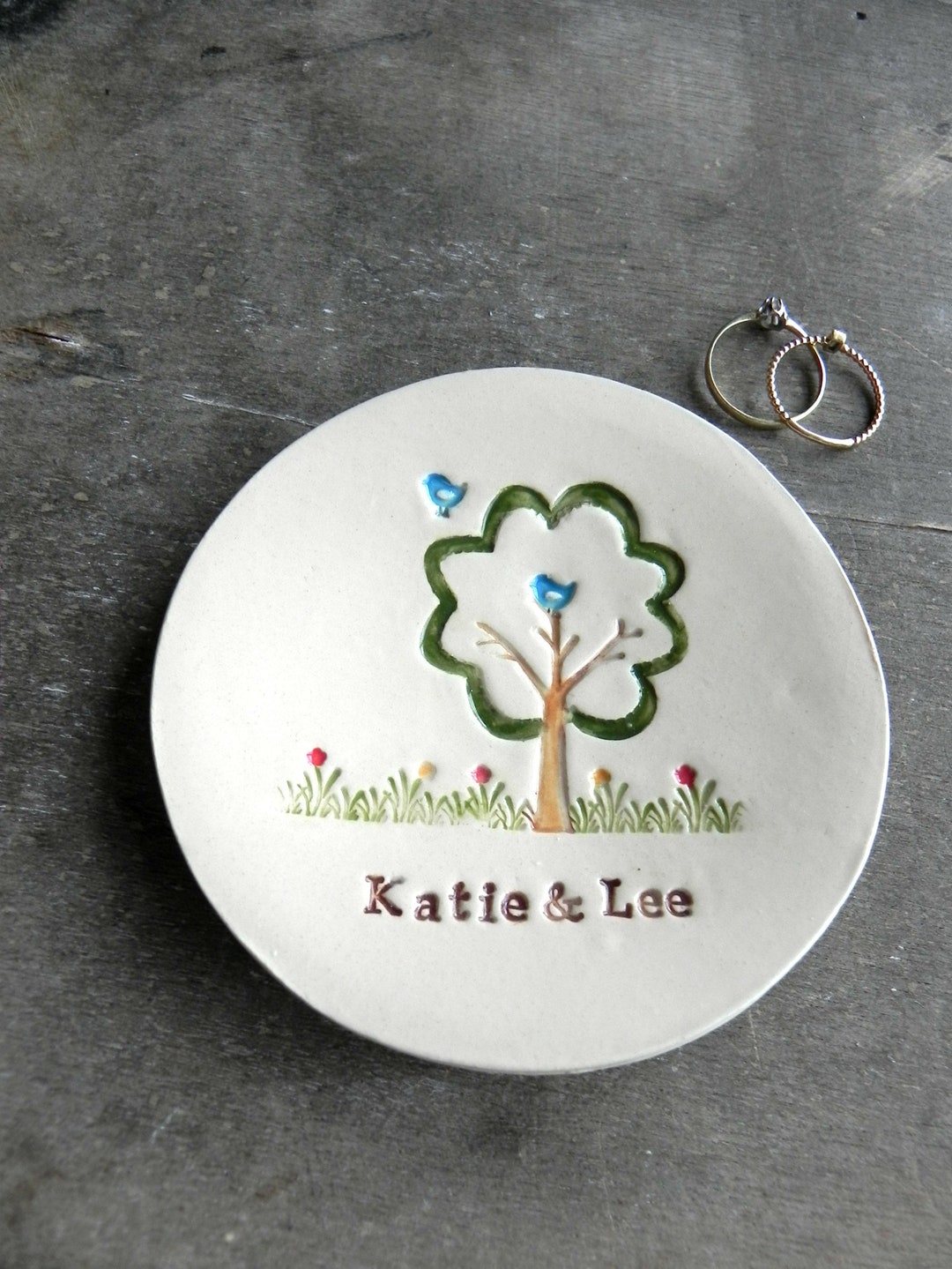 Personalized Tree Wedding Ring Plate, Tree With Blue Birds Ceramic Ring ...