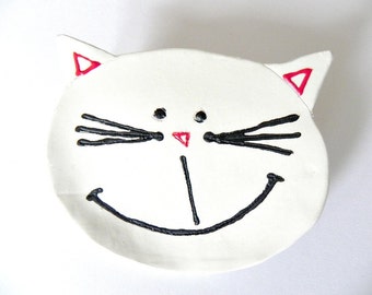 White Friendly Cat Dish Smiley Face Ceramic Plate Spoon Rest - Etsy