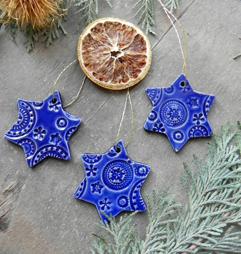 Christmas Ceramic Ornaments Blue Star Lace Pottery Gift | Etsy