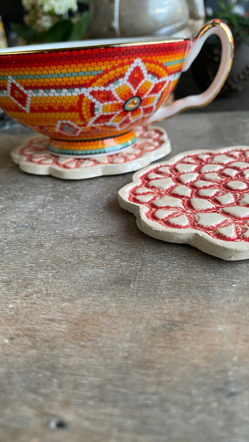 Lace Red Ceramic Coasters Set of 2 | Etsy