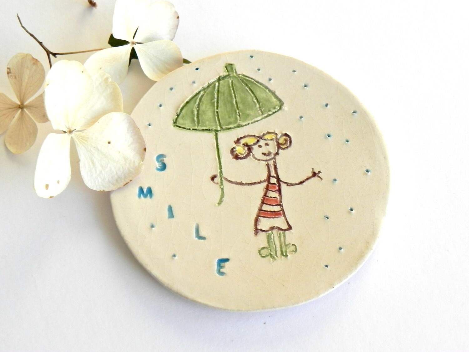 Round Dish Smile Ceramic Plate Umbrella Pottery White Eco | Etsy