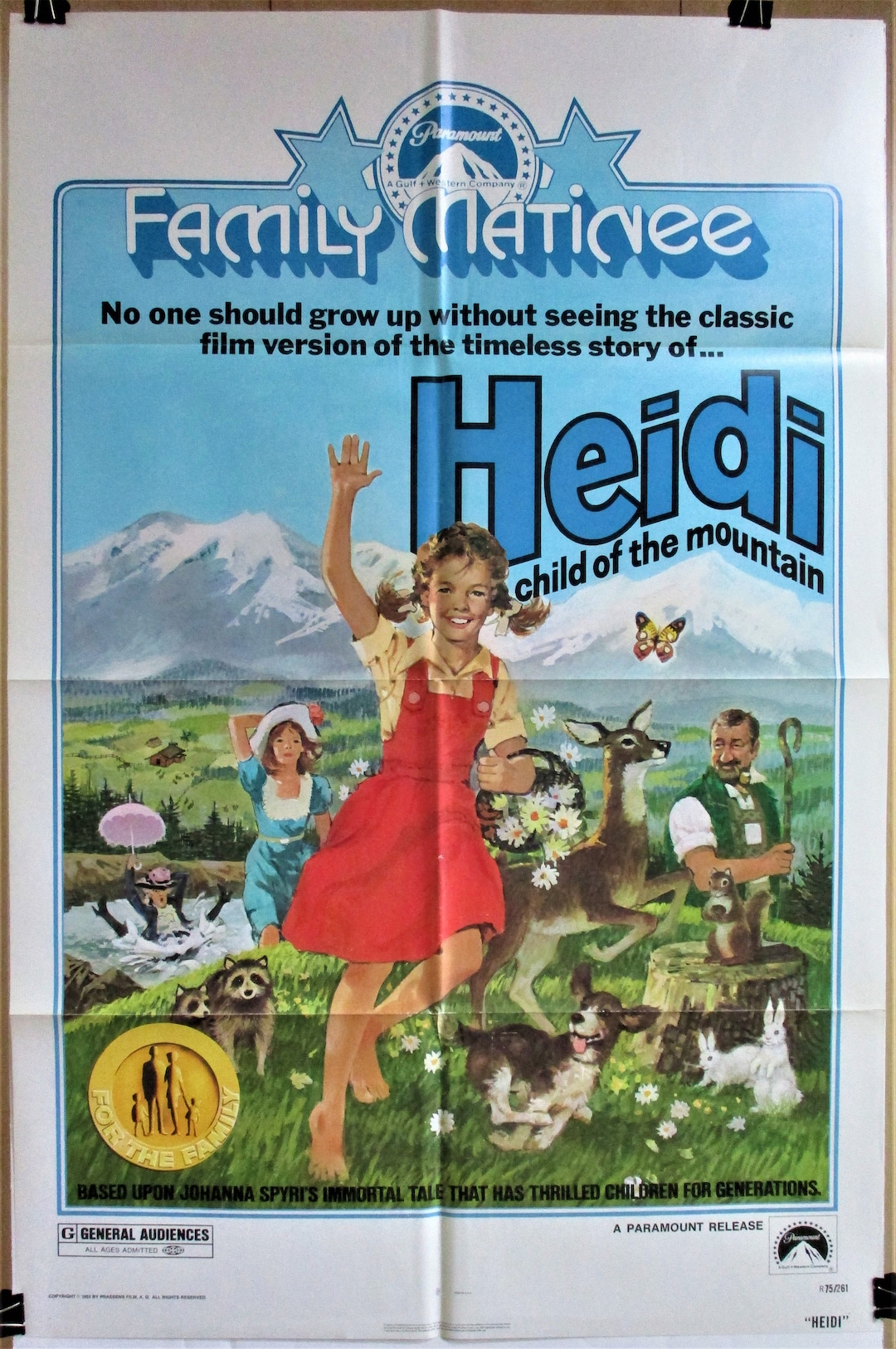 HEIDI Child of the Mountains, R75 Original Folded 27 X 41 Movie Poster ...