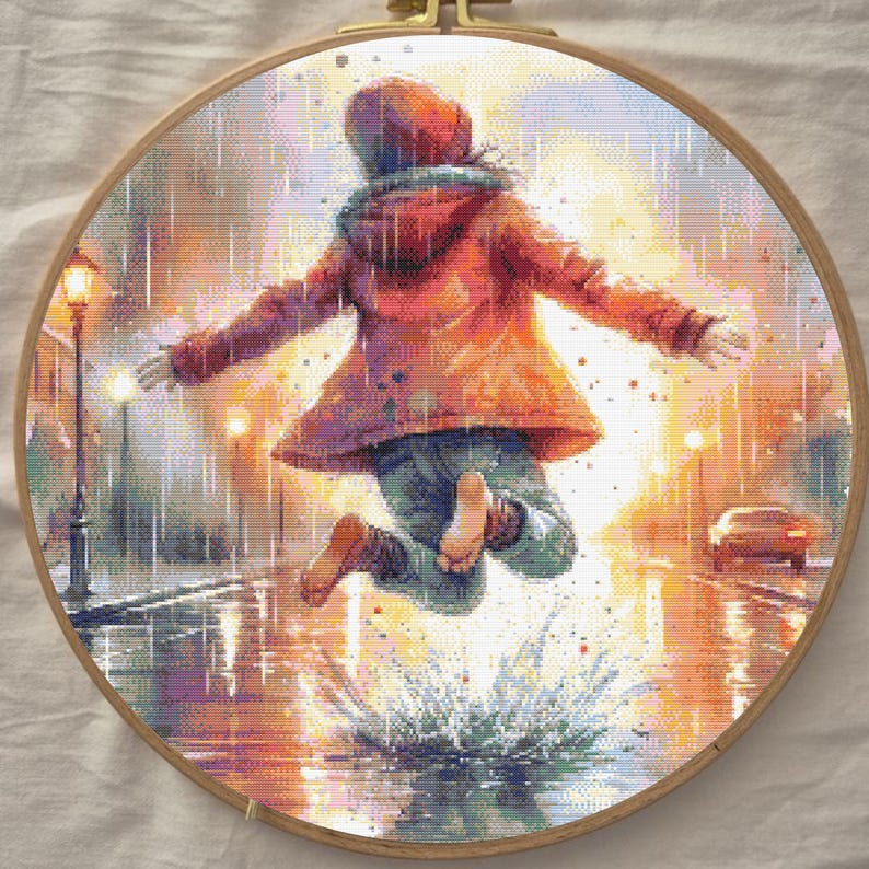 Child Splashing Puddle Cross Stitch Pattern, Whimsical Rain Art (PDF ...