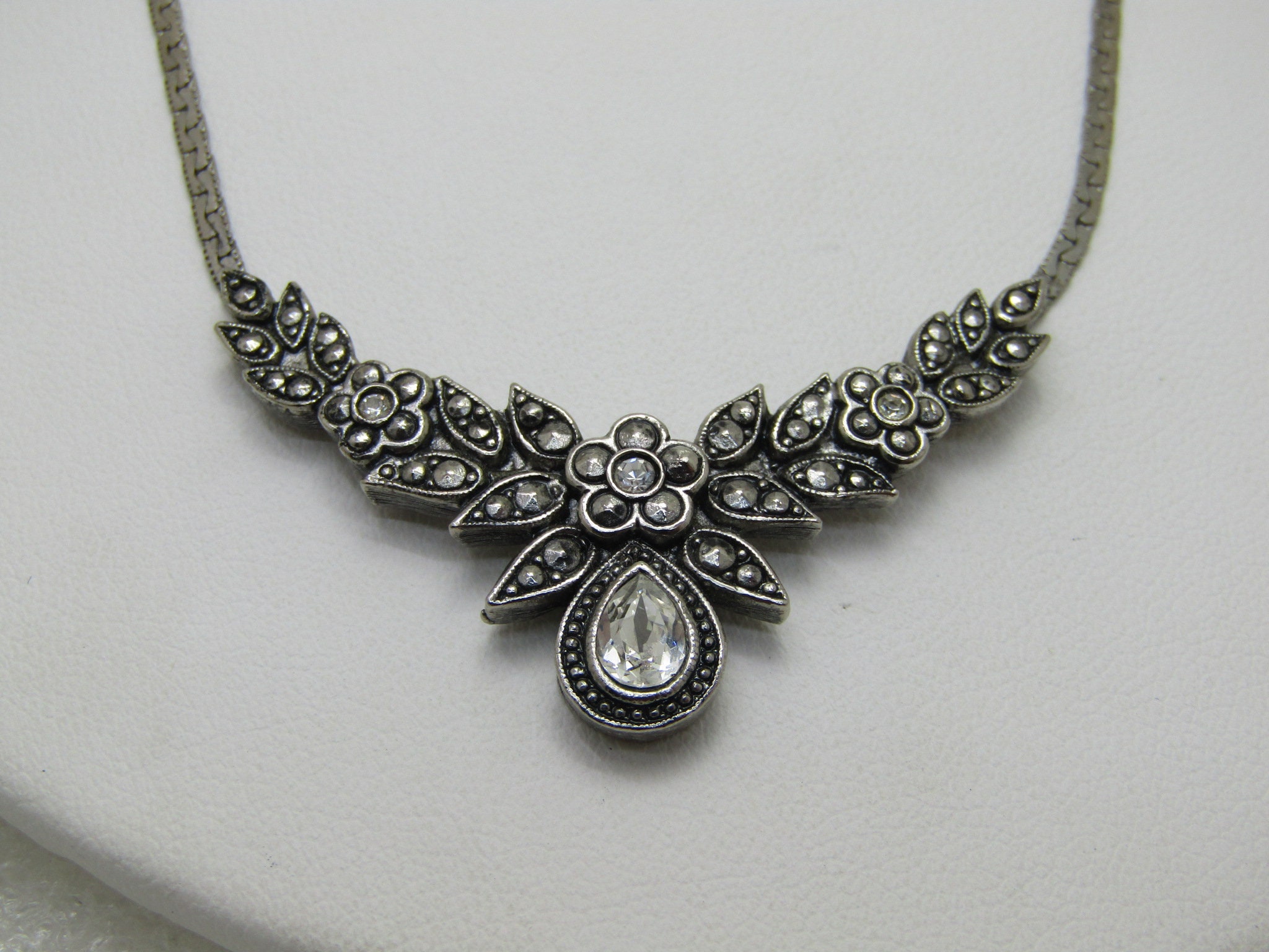 Vintage Clear Crystal Faux Marcasite Necklace, 18, Floral Design, 1980's