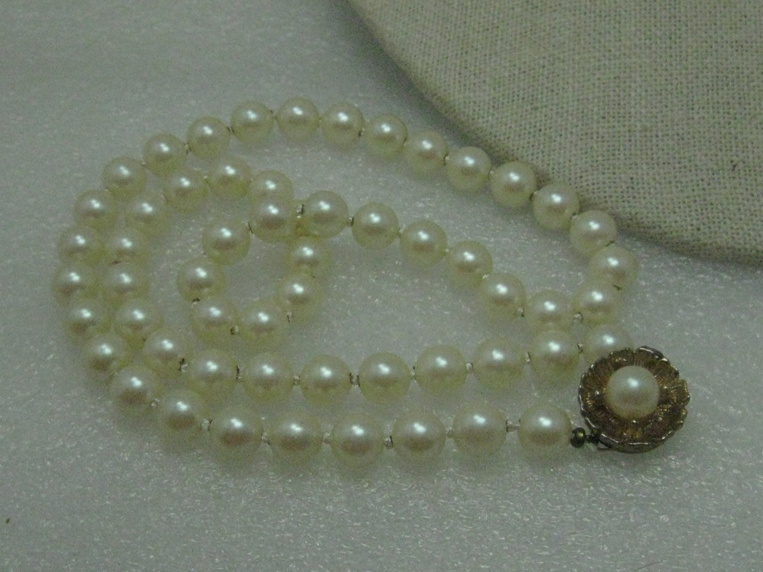 Vintage 8mm White Pearl Necklace, 20, Box Clasp, signed Japan, 1950's