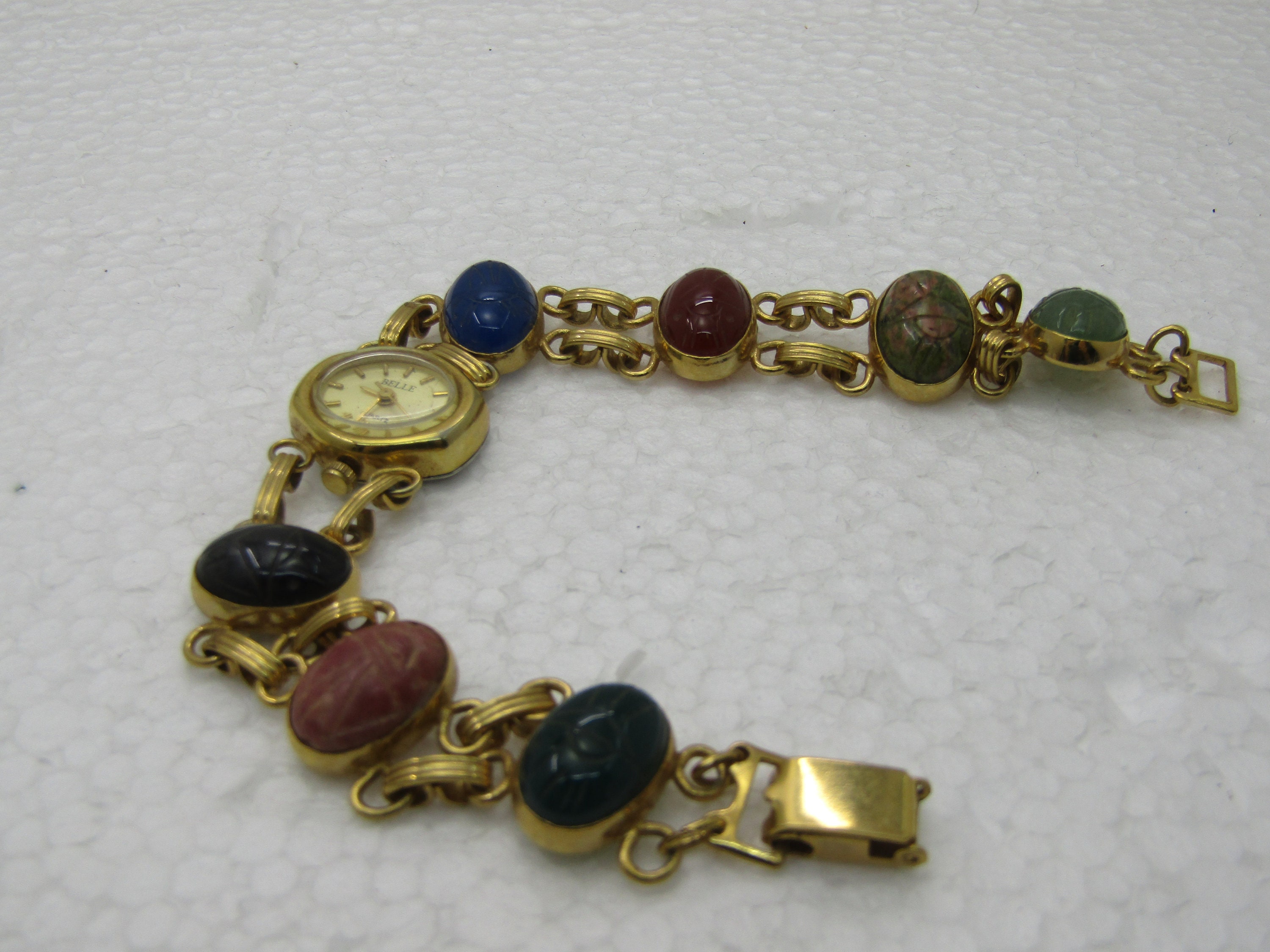 Vintage Gold Tone Scarab Ladies Watch Band, 8 with watch.