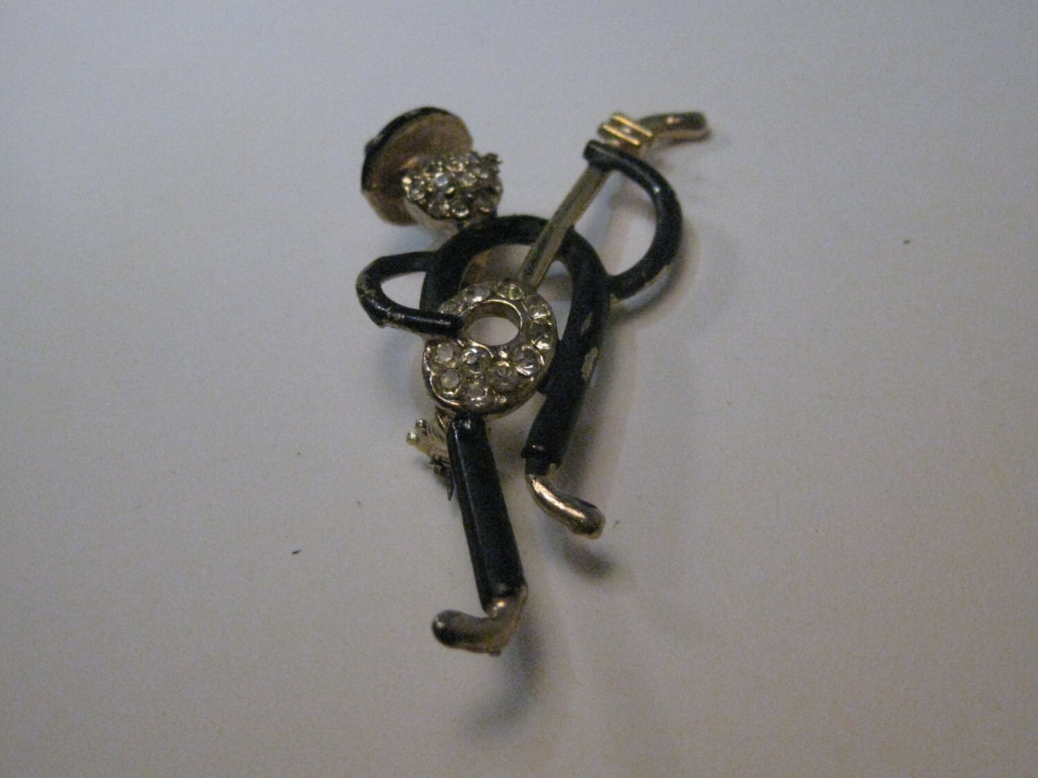 Vintage Gold Tone & Black Enameled Musician Brooch, Rhinestone Accents ...