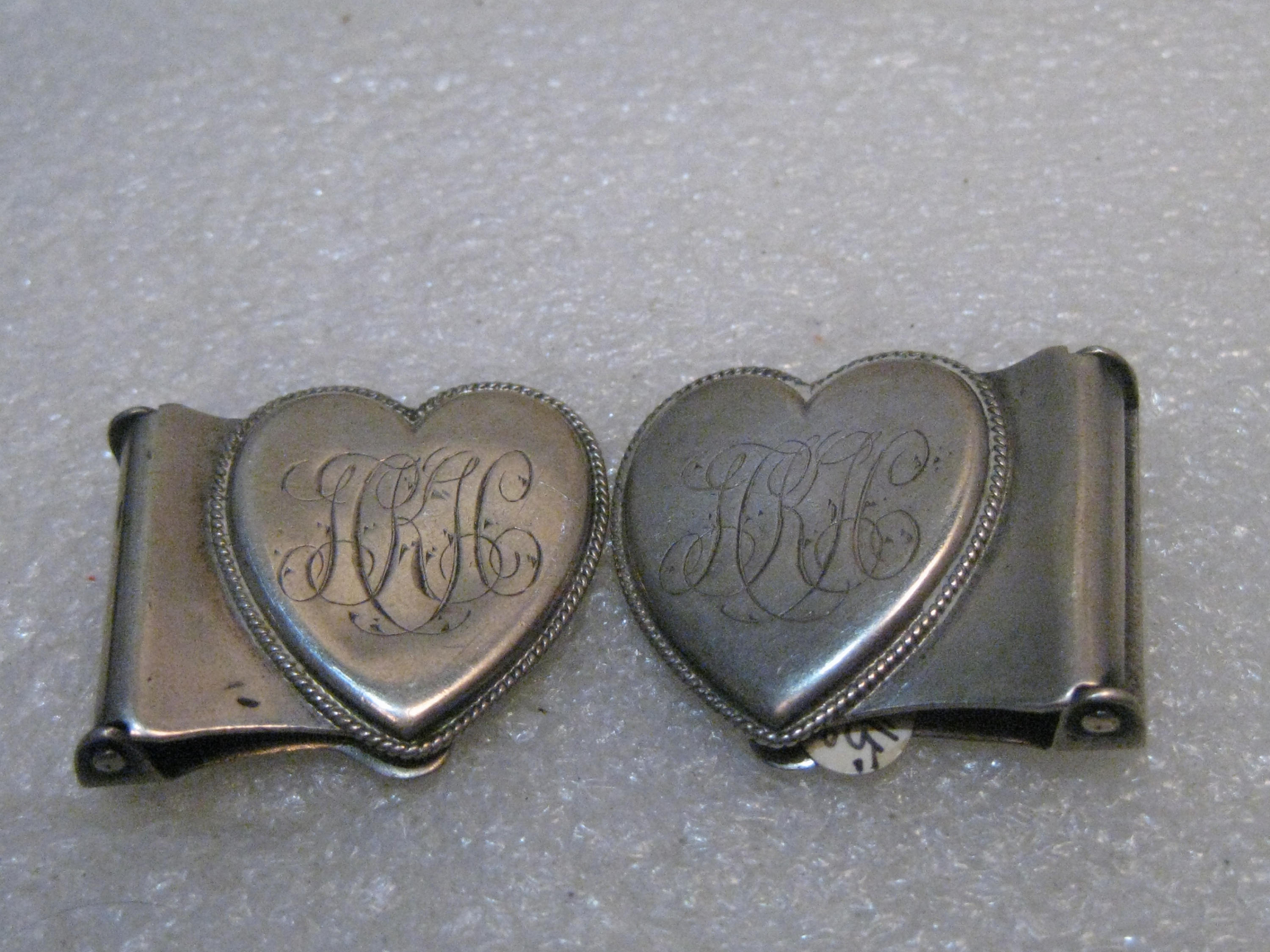 Sterling Silver Monogrammed Garter Buckles, Hearts, 1930's-1940's HKH ...