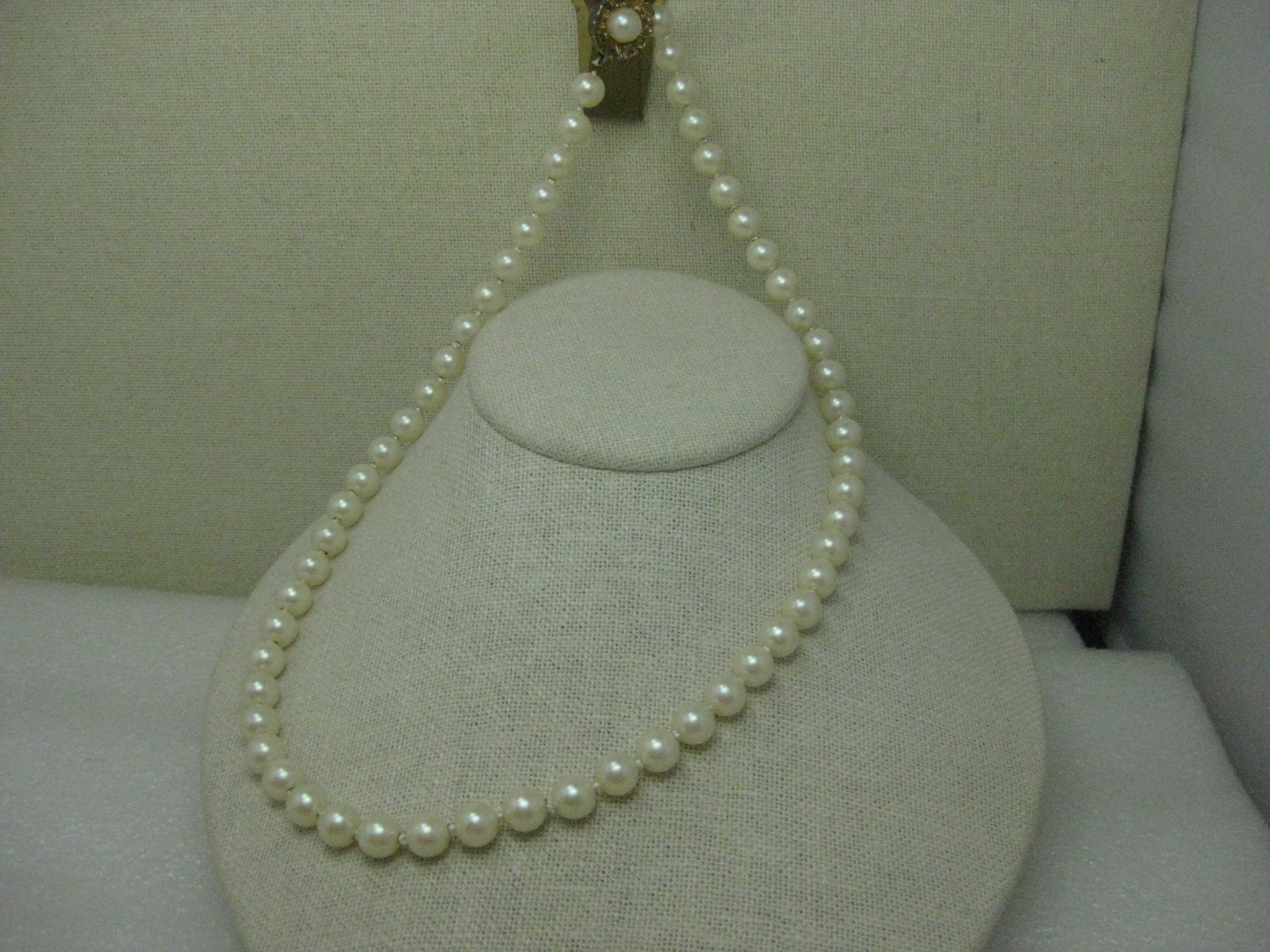 Vintage 8mm White Pearl Necklace, 20, Box Clasp, signed Japan, 1950's