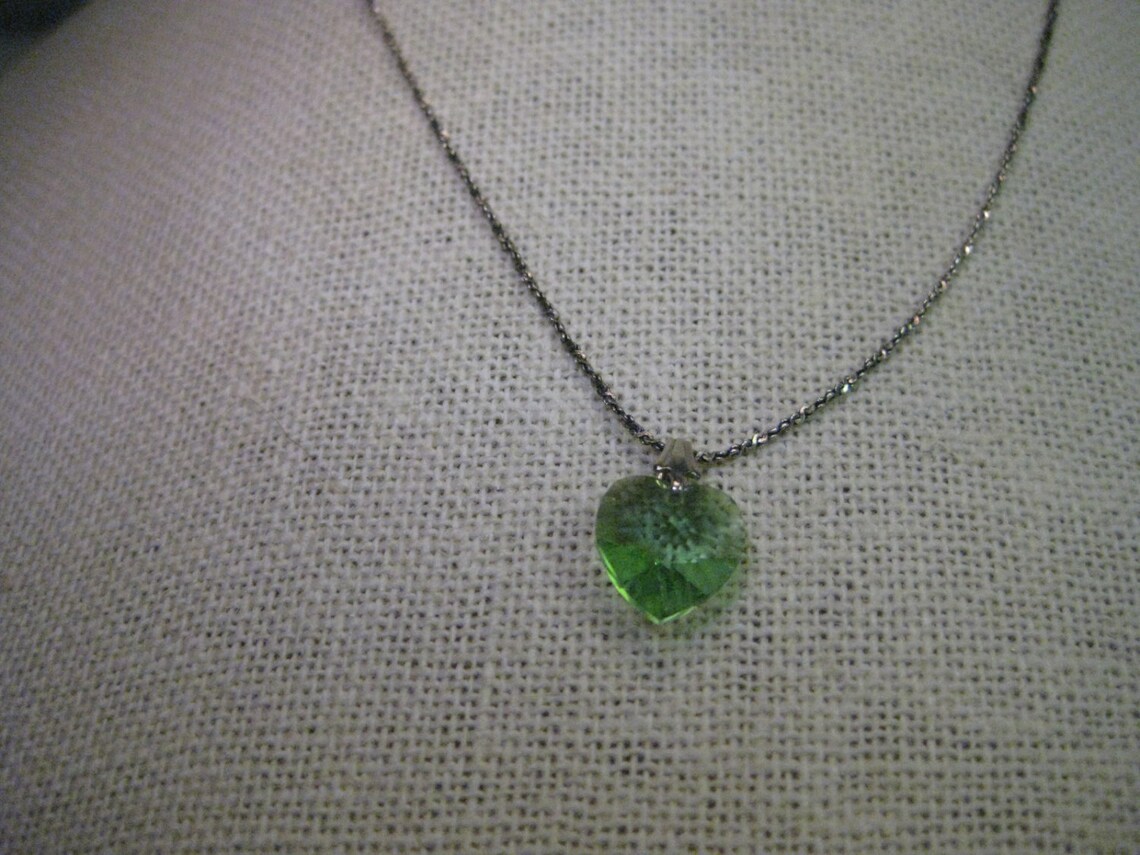 Vintage Necklace, Sterling Silver Chain & Green Crystal Heart Pendant ...