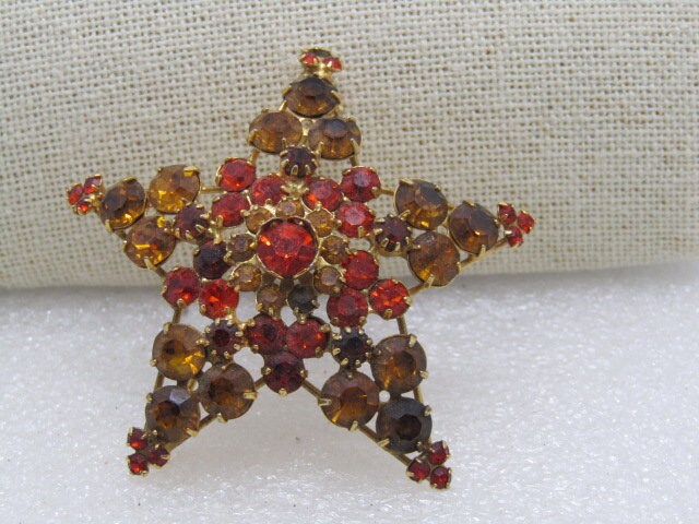 Vintage 1960's Rhinestone Star Brooch, Amber, Gold, Orange, Gold Tone, 2.25