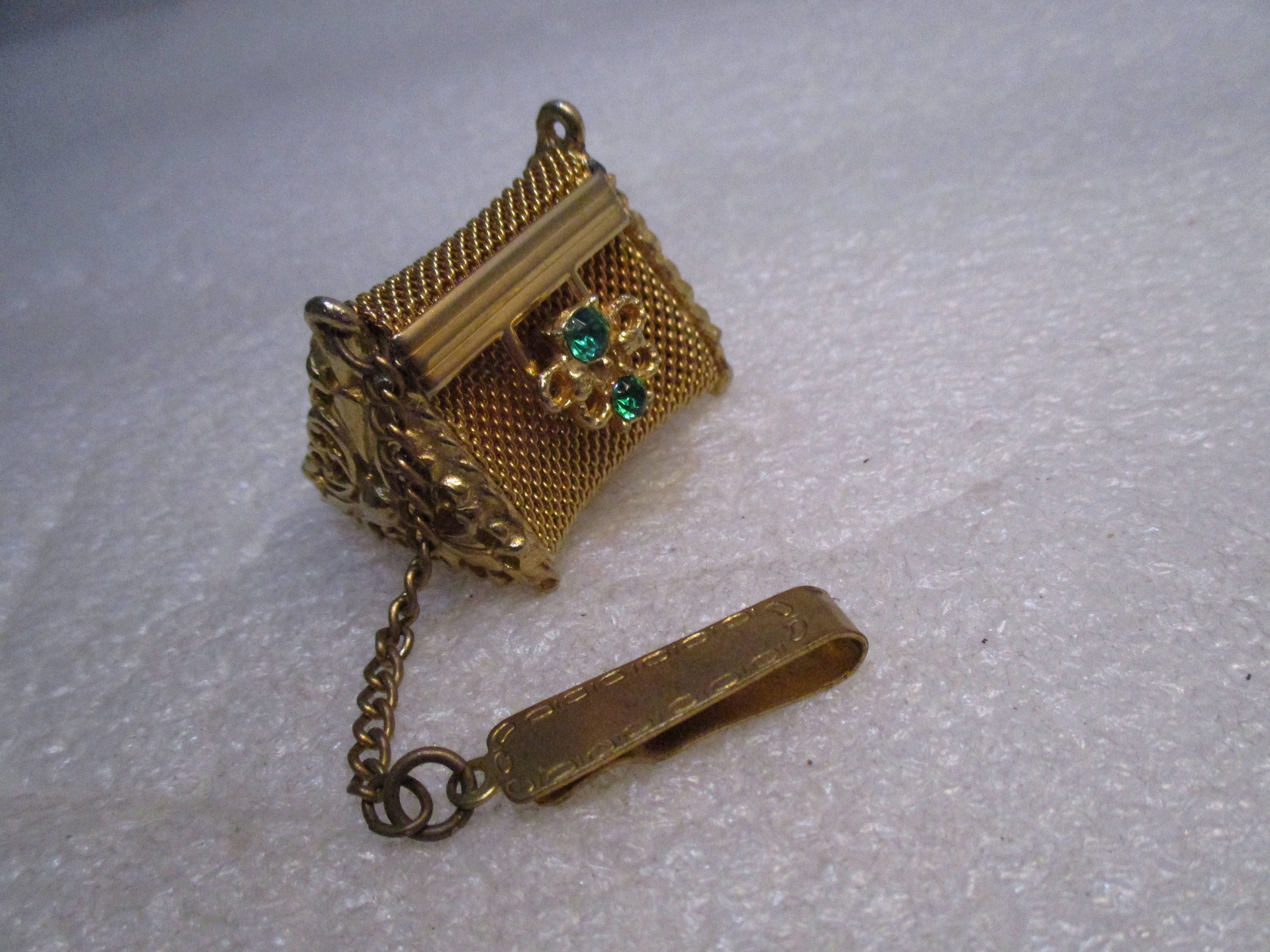 Vintage Mesh Triangular Purse Pill Box with Clip, Green Rhinestones