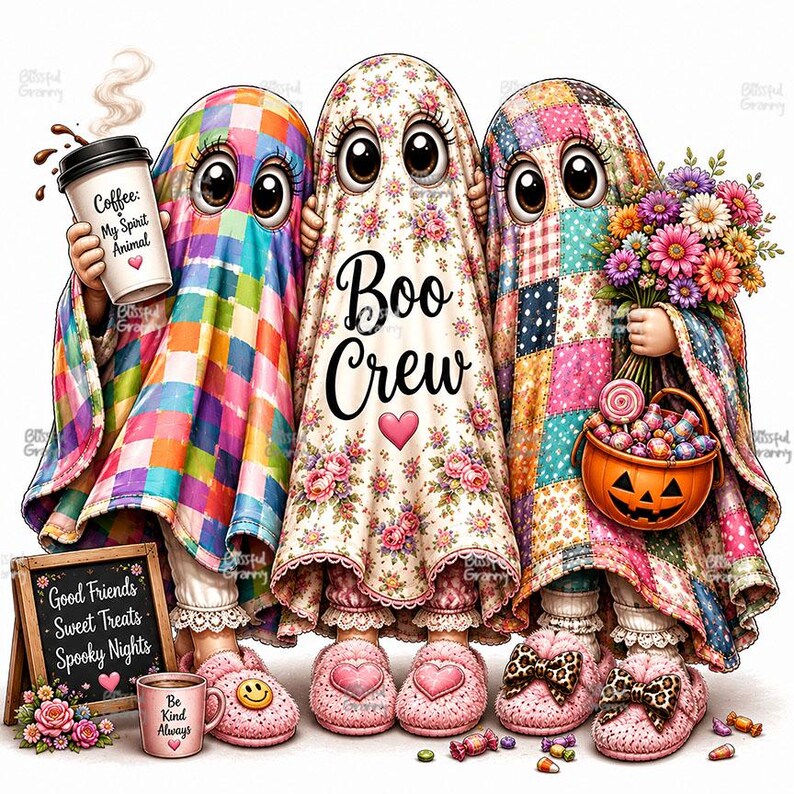 Whimsical Halloween Ghosts Clipart Bundle, Boo Crew Sublimation Designs ...