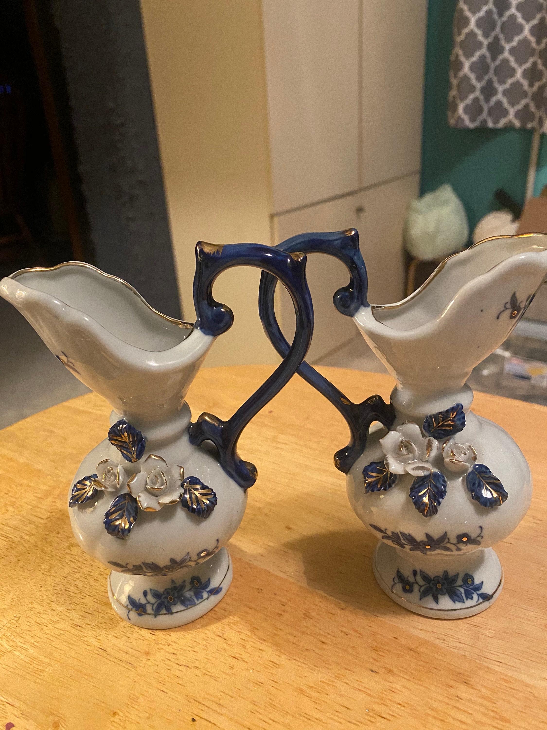 Par de jarrones azules y blancos - Etsy España