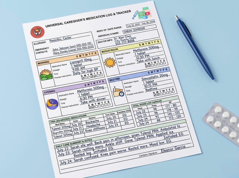 Universal Caregiver Medication Tracker, Daily Weekly Medicine Log for ...