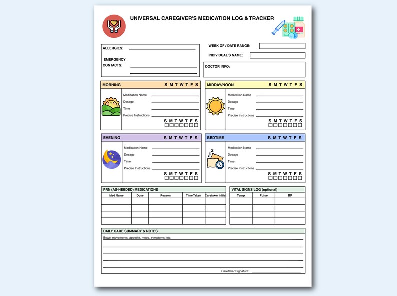 Universal Caregiver Medication Tracker, Daily Weekly Medicine Log for ...