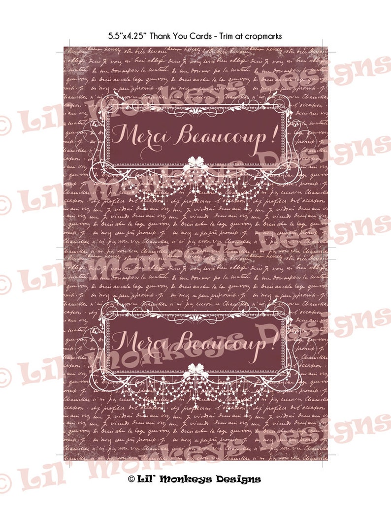 Instant Download Thank You Cards - Merci Beaucoup - French, Shabby Chic ...