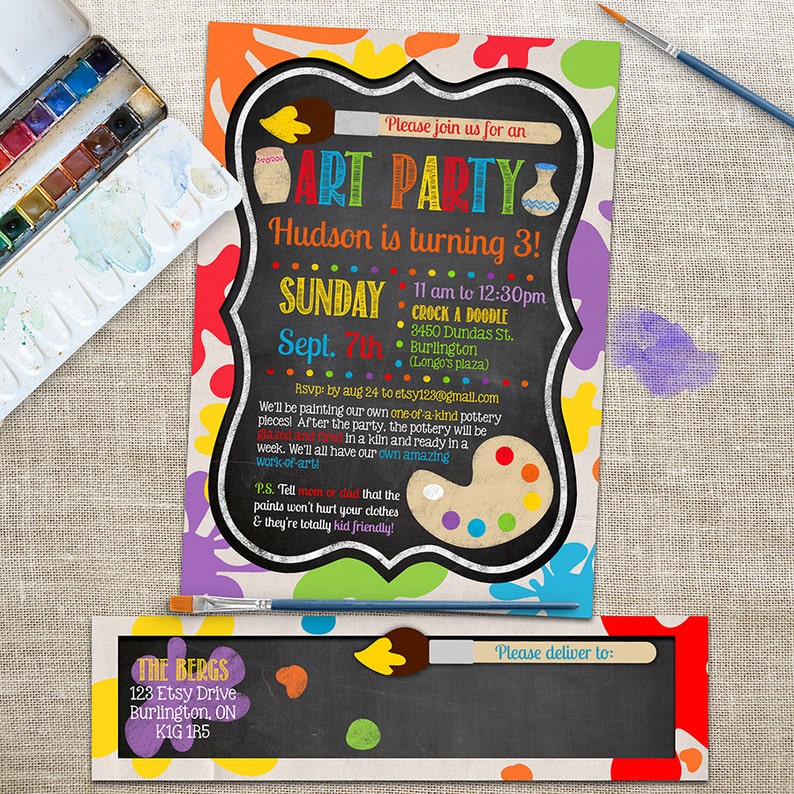 Art Party Invitation With Matching Address Labels - Painting Birthday ...