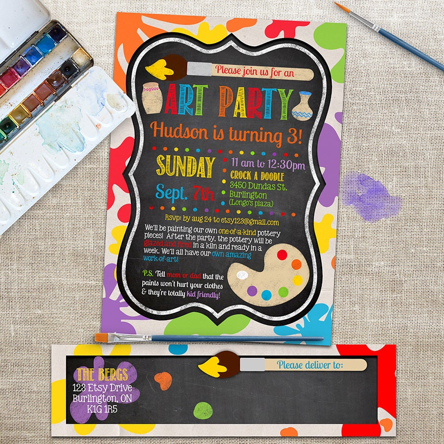 Art Party Invitation With Matching Address Labels - Painting Birthday ...