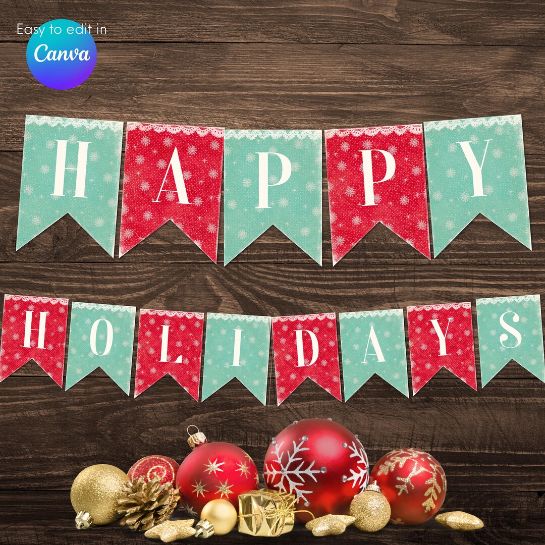 Editable Christmas Banner Template | Red & Teal Holiday Garland (canva ...